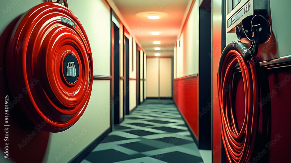 Fire extinguisher and fire hose reel in hotel corridor. Stock ...