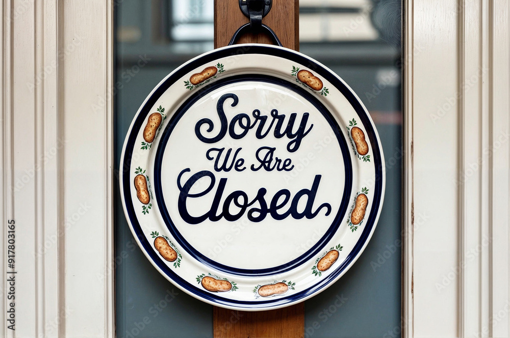 A white plate with a blue rim hanging on a door, displaying the message ...