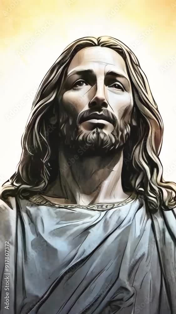Jesus Christ face portrait in rays of holy light animation -- 4k 9x16 ...
