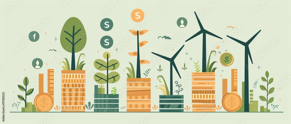 Renewable energy investments, trees growing on stacks of coins, green ...