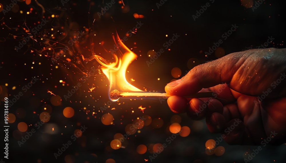 Realistic hand igniting matchstick, vibrant flame burst, dark ...