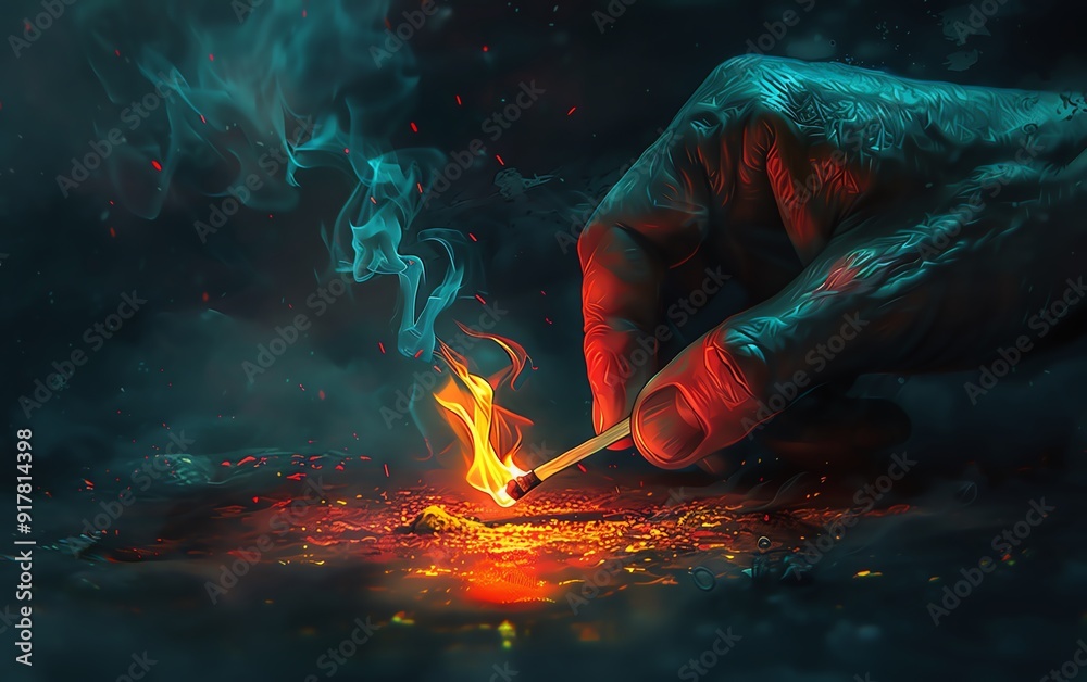 Highly realistic artwork of a hand striking a matchstick for hardbounce ...