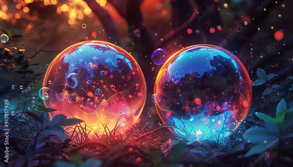 Illustrate two enchanting game bubbles, complete with shimmering ...