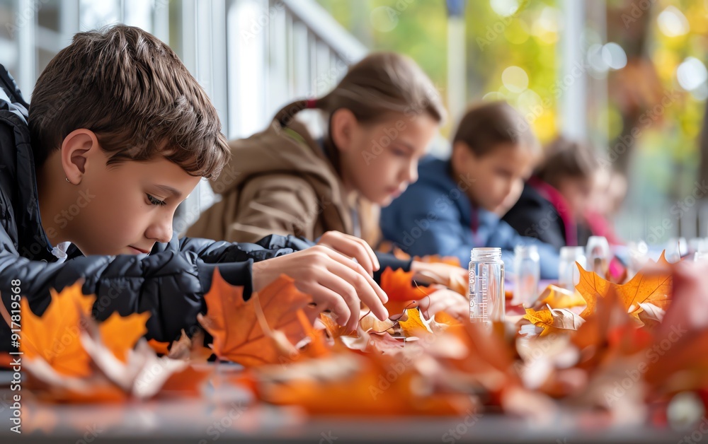 Handson science class with students examining autumn leaves and natural ...