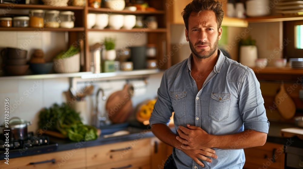 Man standing in kitchen, hand on stomach, worried look, Food poisoning ...