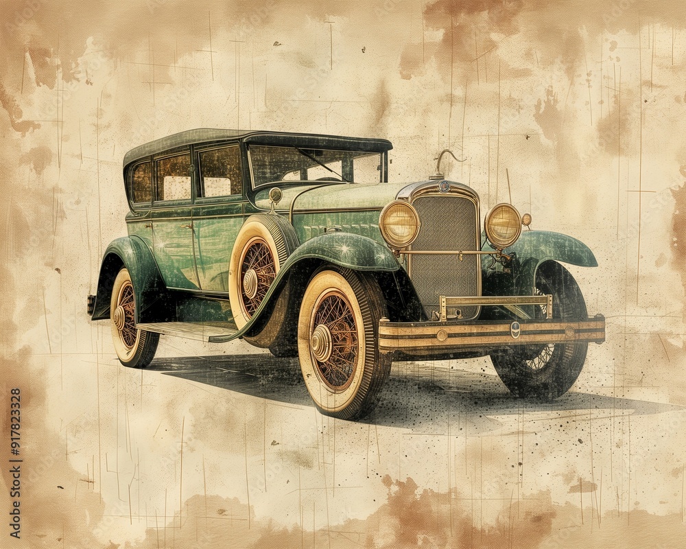 Vintage Car Illustration with Antique Finish - Classic 1920s Vehicle ...