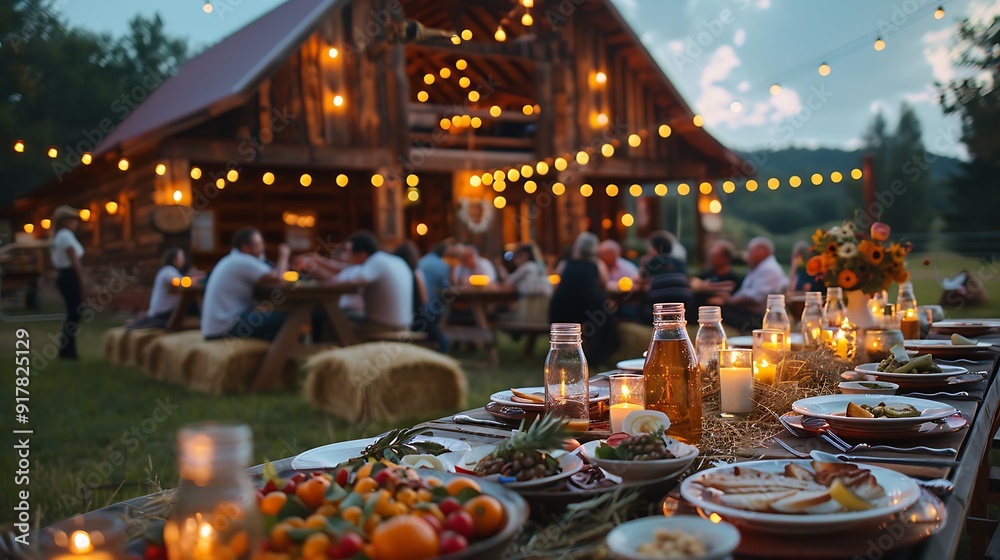 An outdoor barn dinner party, table set with hearty dishes and mason ...