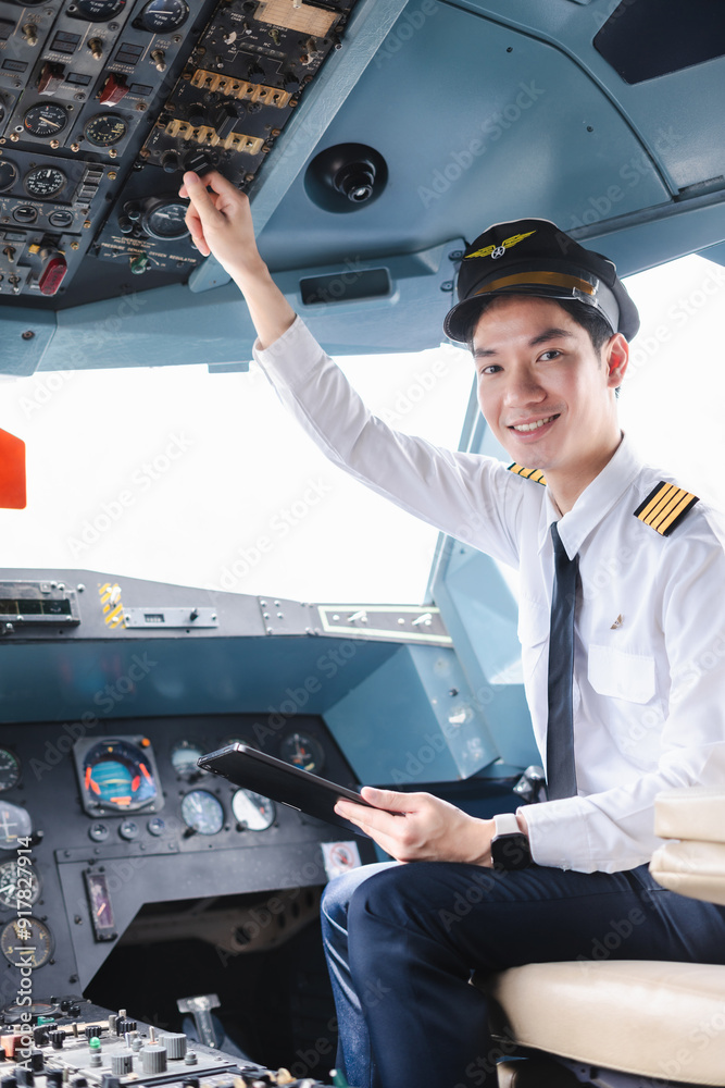Portrait of a trained airplane captain in uniform preparing to fly in a ...