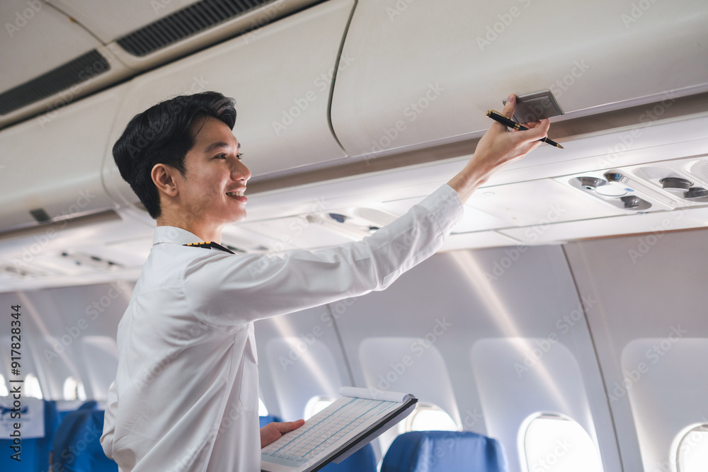 Portrait of a trained airplane captain in uniform preparing to fly in a ...