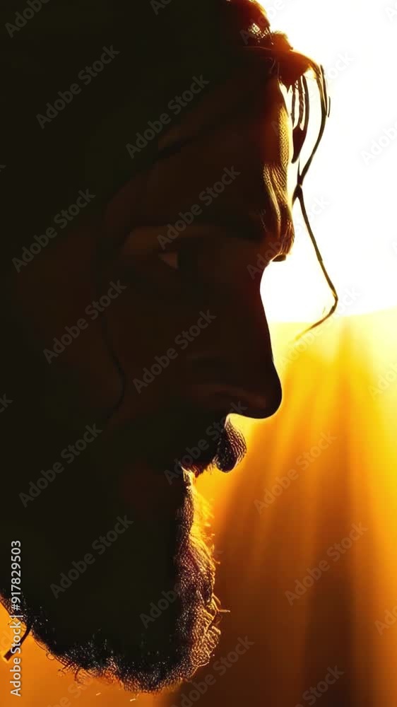 Jesus face silhouette portrait with halo and rays of light animation ...