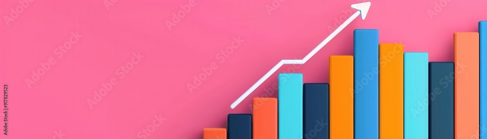 Colorful bar graph showing increasing growth with upward arrow trend on ...