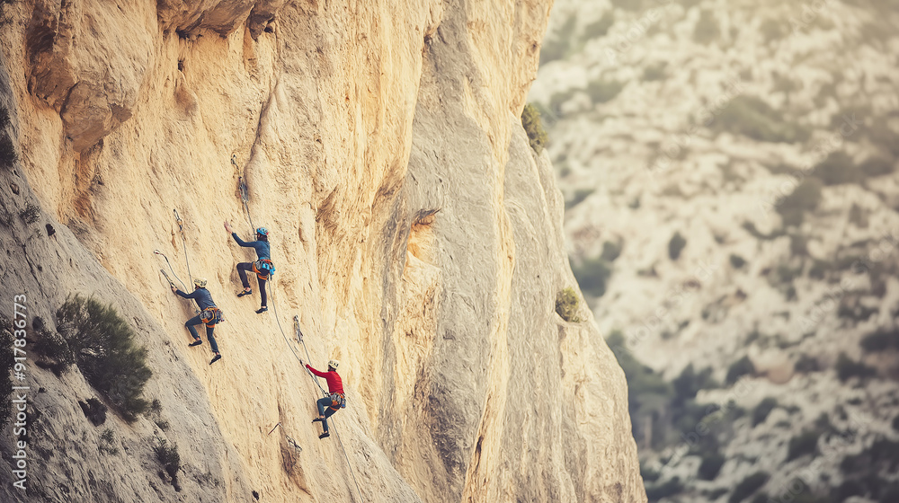 Three rock climbers ascending a steep cliff, wearing protective gear ...