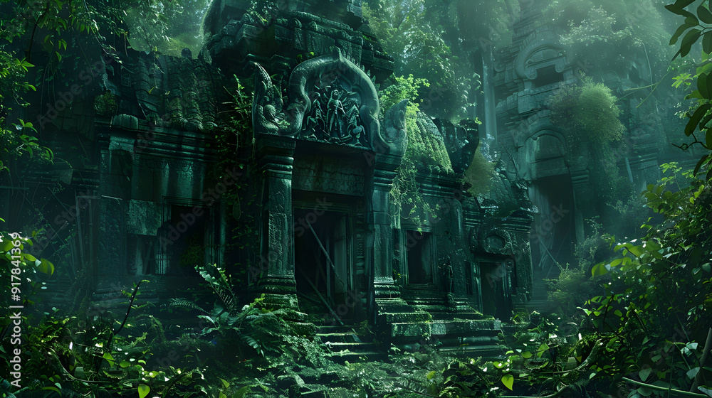 Forgotten temple overgrown with jungle relics of a bygone era peeking ...