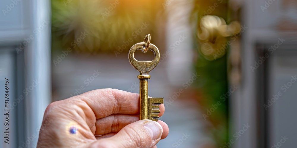 Detailed view of a hand holding a brass house key, with a homeG??s ...