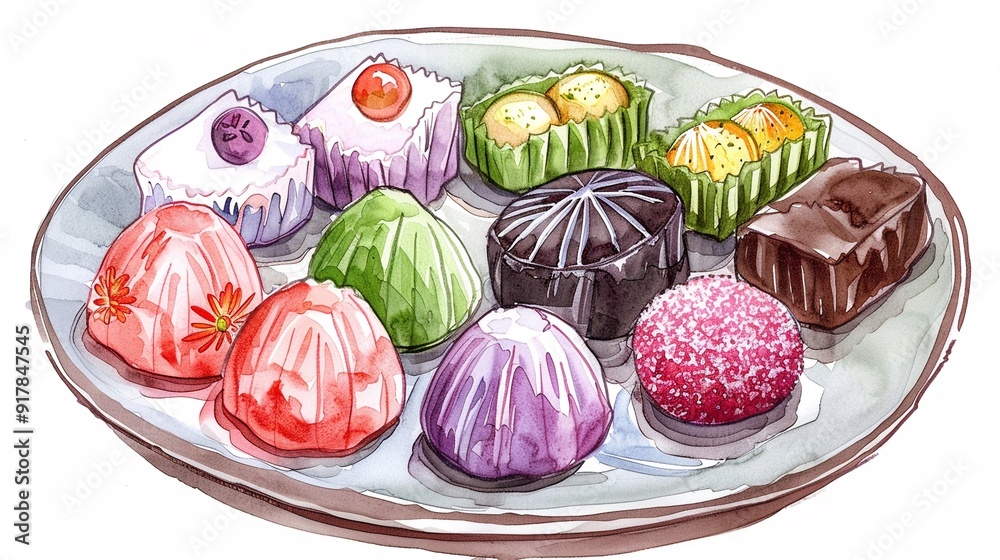 Wagashi assortment (traditional Japanese sweets) on a plate,Clipart ...
