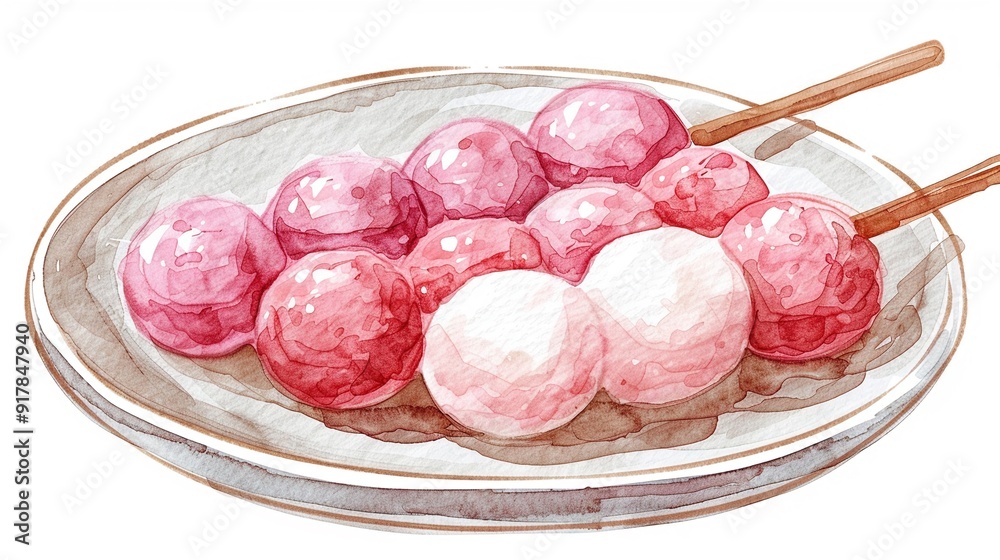 Hanami dango (tri-color dango) arranged on a plate,Clipart, watercolor ...