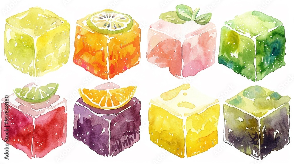 Uiro (steamed cake) squares with different flavors like yuzu or ...