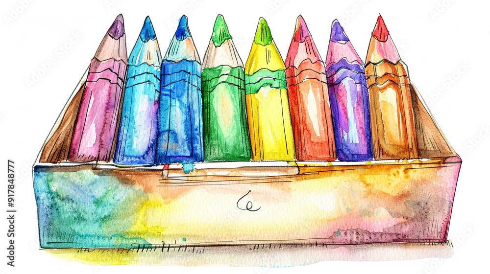 Crayons in a box,Clipart, watercolor illustration, Perfect for nursery ...