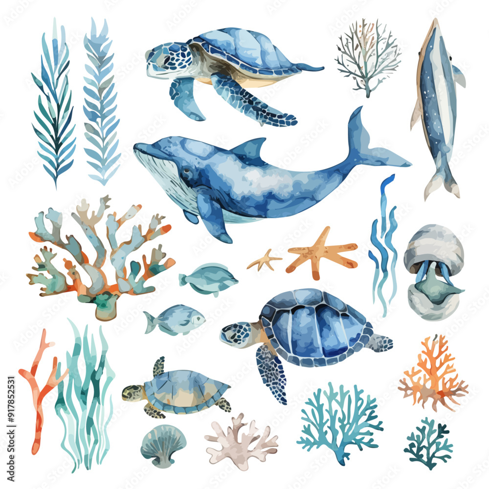 Watercolor Set of sea animals Blue watercolor ocean set collection ...