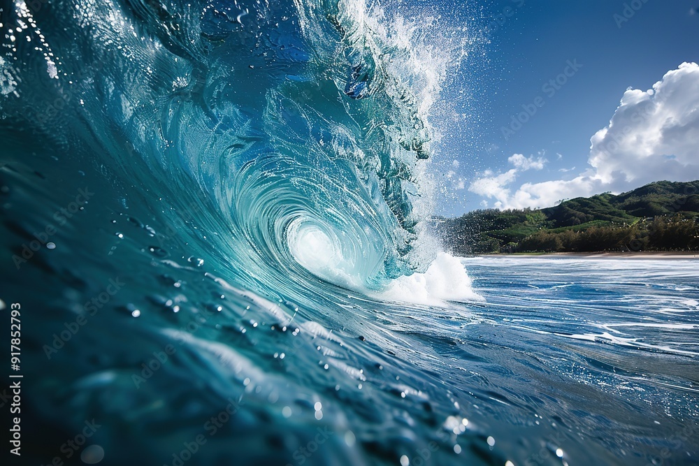 On the north shore of Oahu, Hawaii, a perfect large breaking ocean ...
