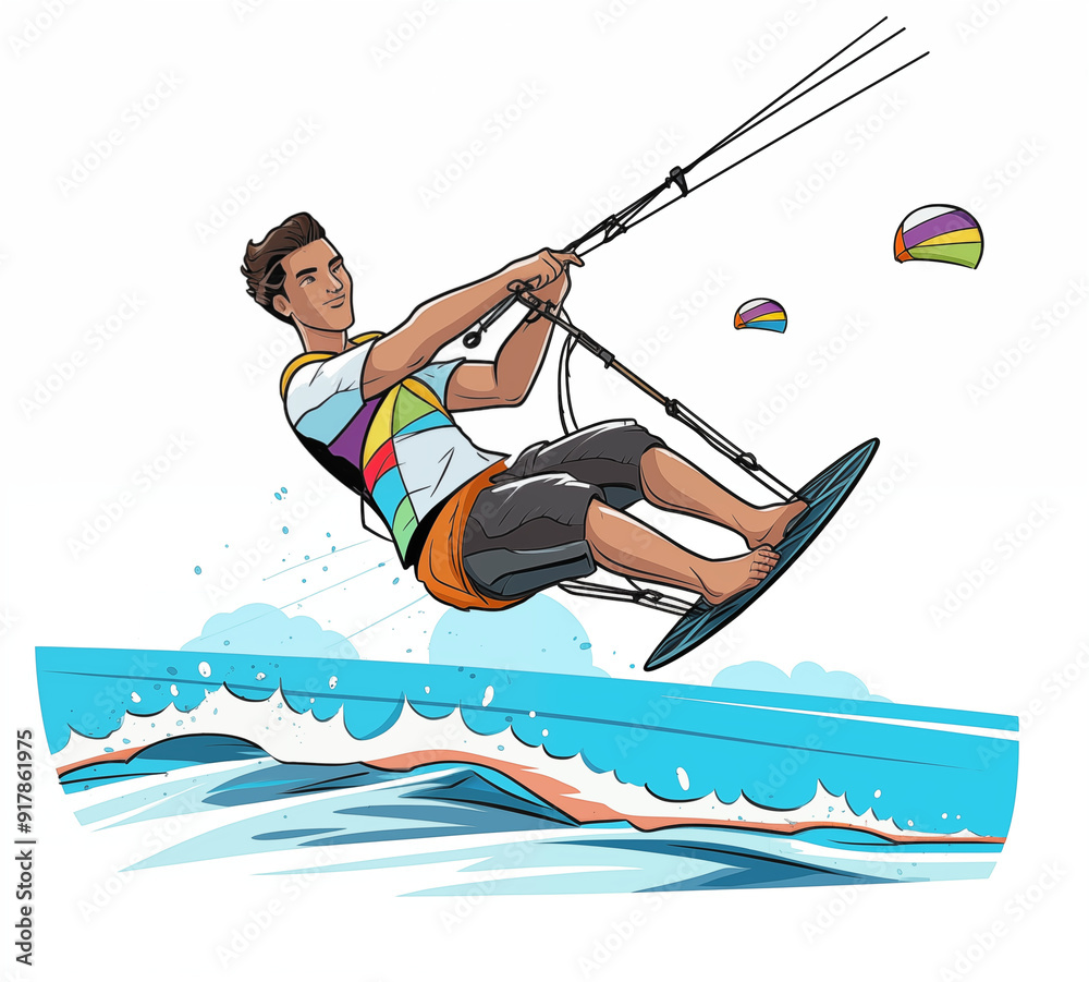 Cartoon man kite surfer playing kite foiling in the sea on a sunny day ...