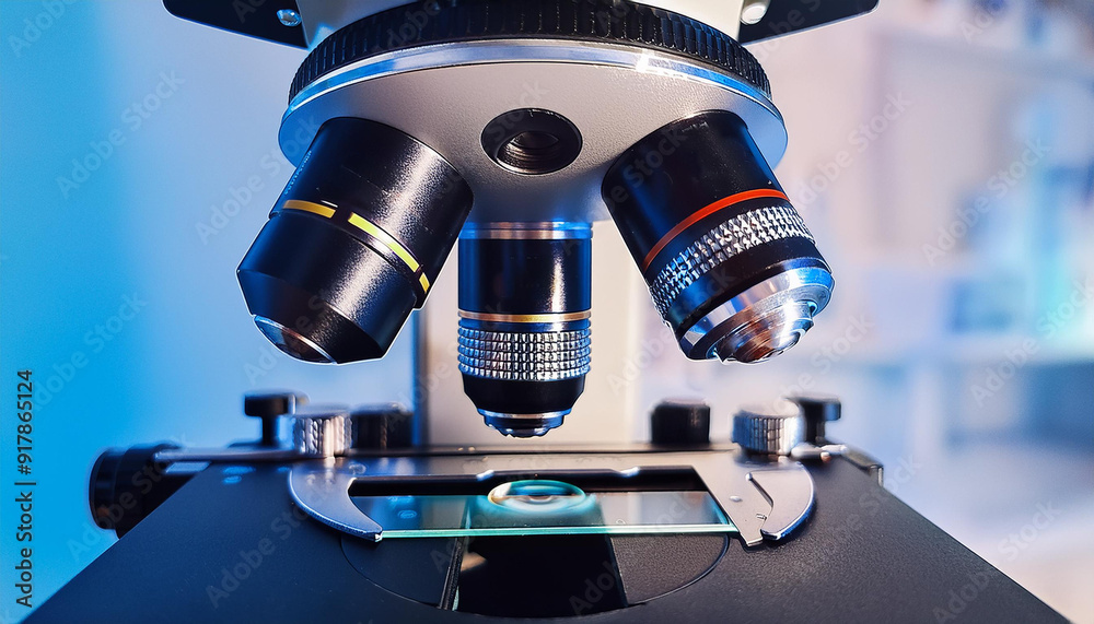 DETALHE DAS OBJETIVAS DE UM MICROSCÓPIO OPTICO EM UM LABORATORIO DE ...