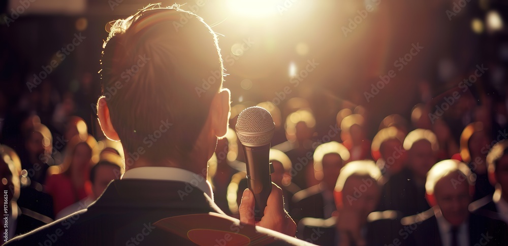 Speaker with microphone addressing a large crowd, backlit by stage ...