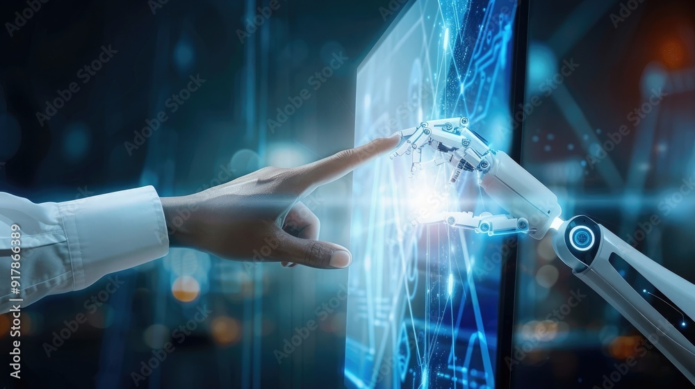 Hands of Robot and Human Touching together through computer moniter ...