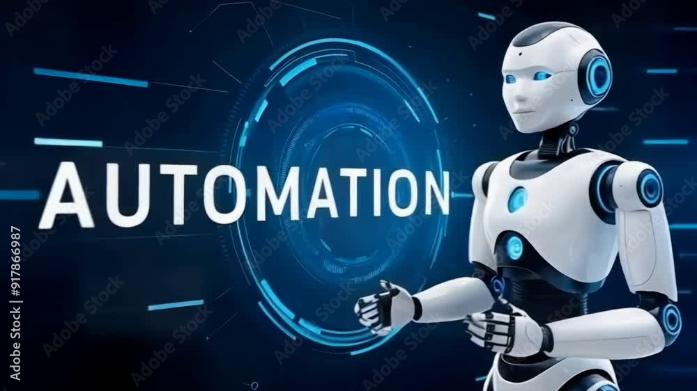 word "automation" technology with futuristic robot stepping forward in digital landscape Stock ...