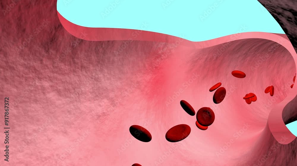 Red and white blood cells flow inside an artery, vein. Healthy arterial ...