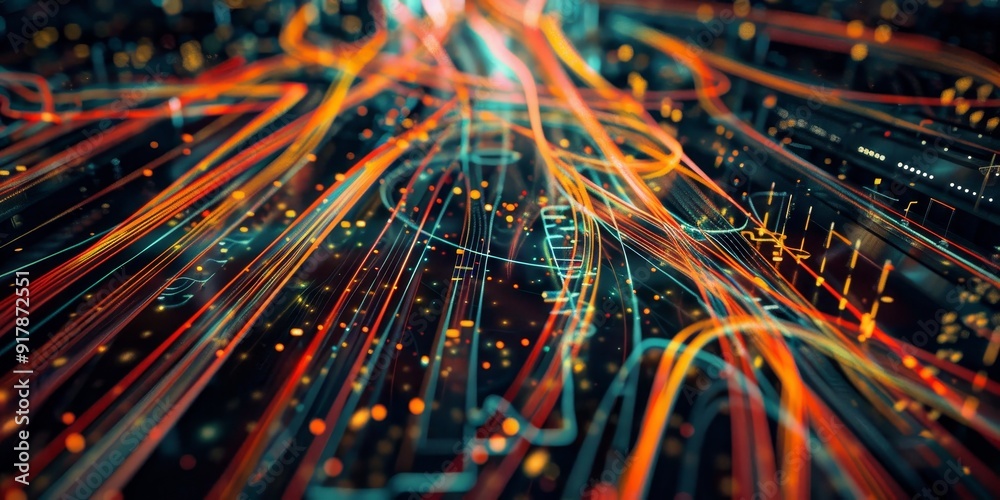 An intricate network visualization of transportation routes, featuring ...