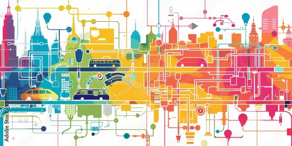 A colorful network diagram representing diverse transportation routes ...