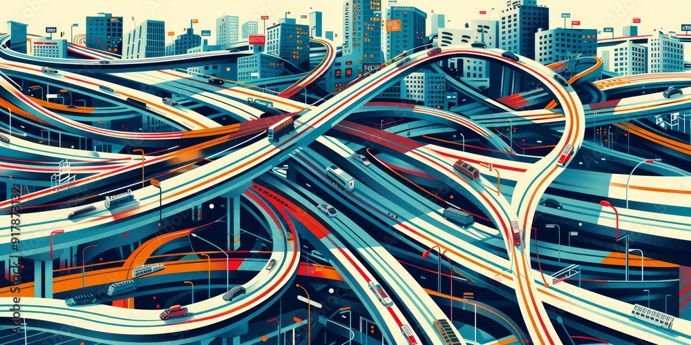 A dynamic illustration of transportation routes interwoven across a ...