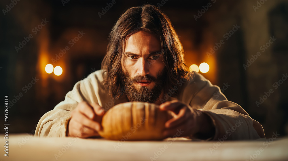 Closeup of Jesus Christ breaking bread at the Last Supper, His hands ...