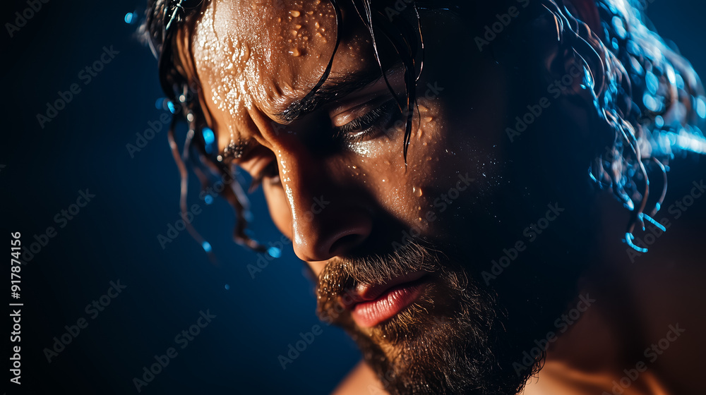 Closeup of Jesus Christ praying in the Garden of Gethsemane, His face ...