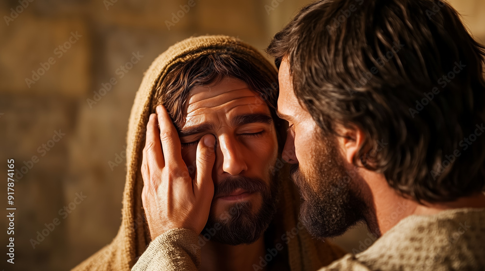 Closeup of Jesus Christ healing a blind man, with Jesus gently touching ...
