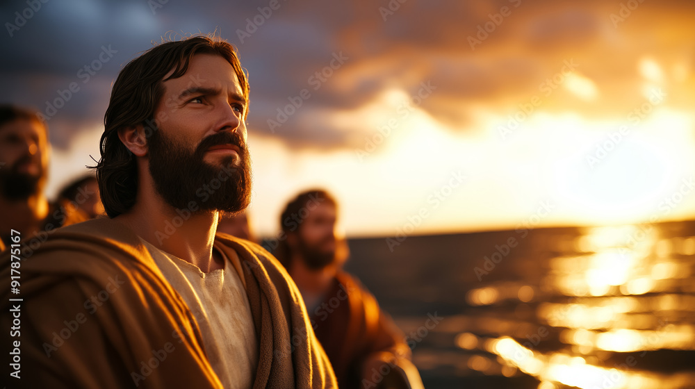 Jesus calming the storm, standing in a boat with His disciples, the sea ...