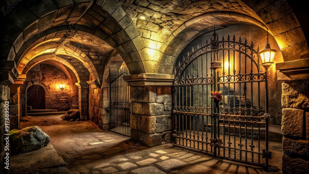 Dimly lit, ancient stone walls and rusty iron gates shroud a mysterious ...