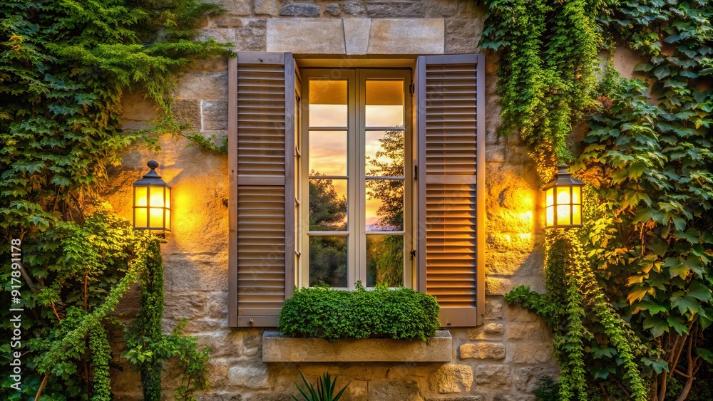 Elegant stone facade featuring a tall, narrow louvre window with wooden ...