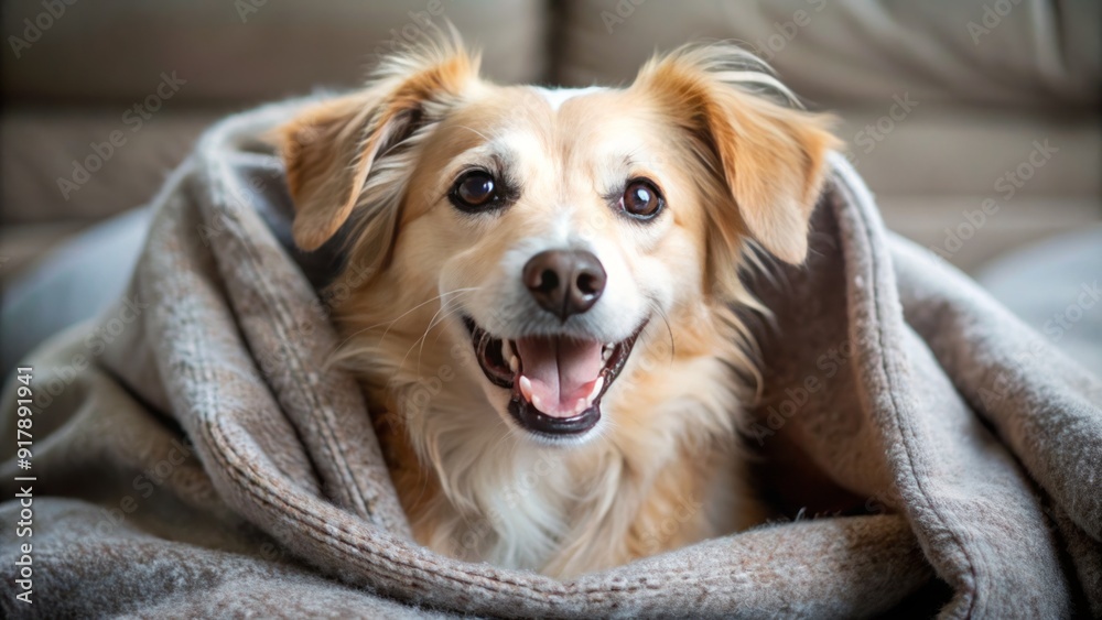 Fluffy mixed-breed dog with floppy ears and wagging tail snuggles into ...