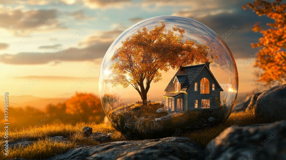 Enchanted Home in a Glass Sphere at Sunset - A cozy house nestled under ...
