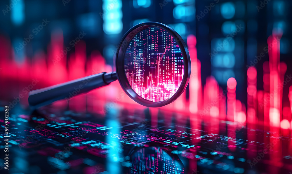 A magnifying glass focuses on financial data, depicting analysis in a ...
