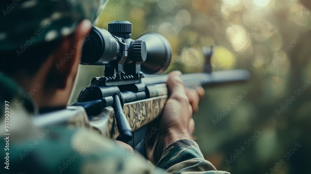 Hunter Aiming Rifle with Scope in Forest - A hunter with camouflage ...