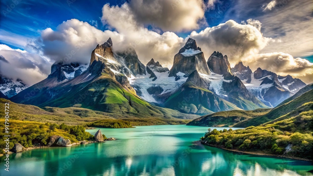 Majestic granite peaks rise above serene turquoise lakes and emerald ...