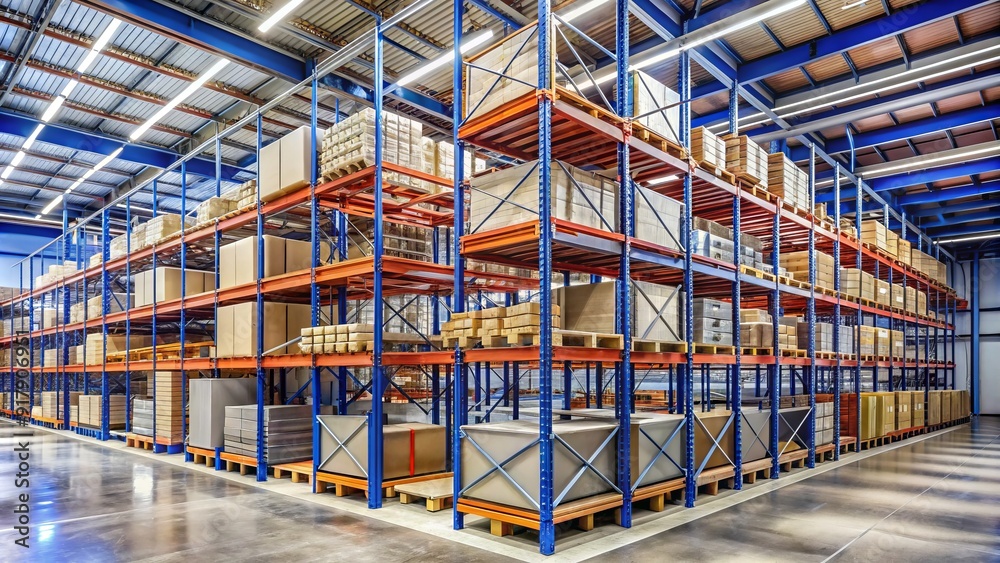 Metal warehouse shelving units with multiple tiers hold containers ...