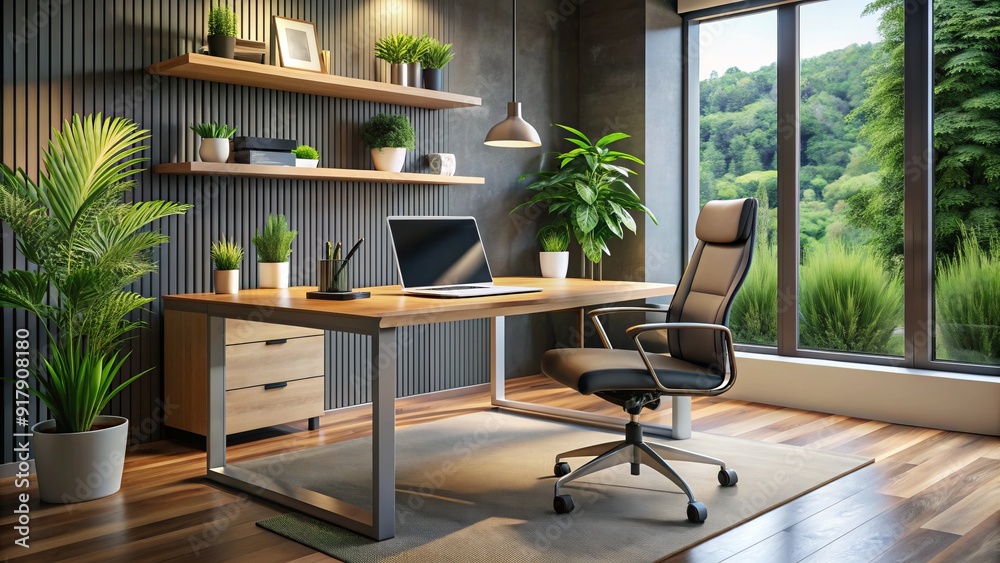 Modern creative workspace with minimalist desk, ergonomic chair, and ...
