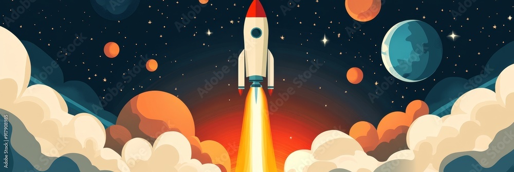 Rocket Launching into Space with Planets and Stars - A rocket blasts ...