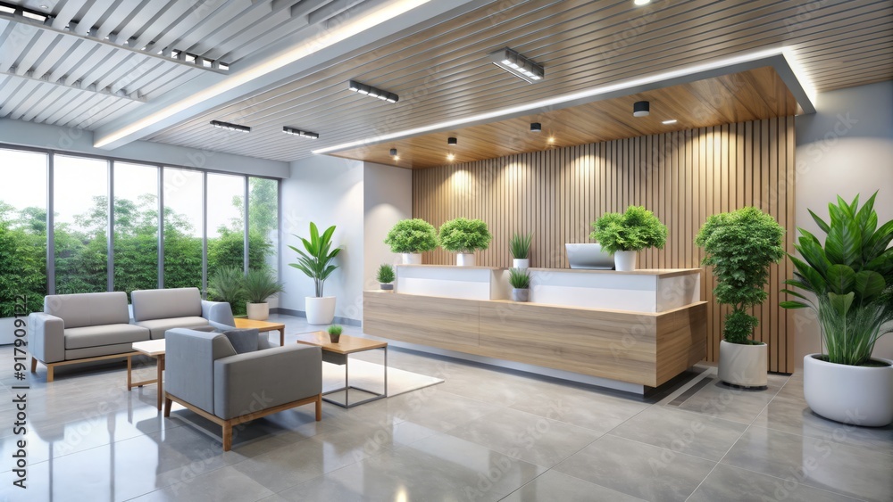 Modern hospital reception area with comfortable seating, plants, and a ...
