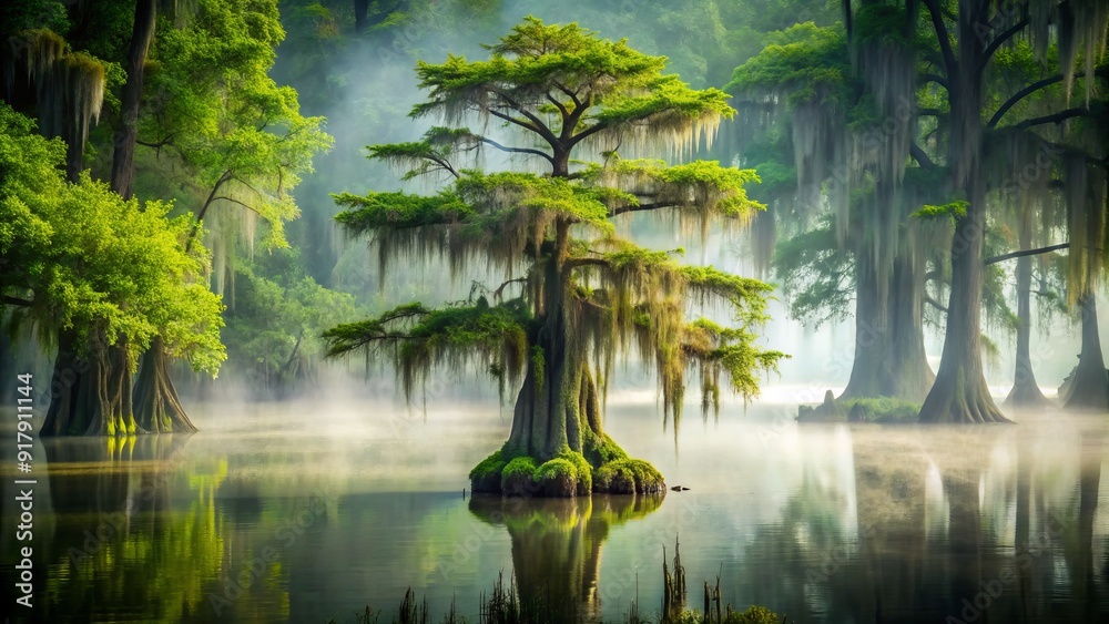 Mysterious and eerie, a moss-draped cypress tree rises from the misty ...
