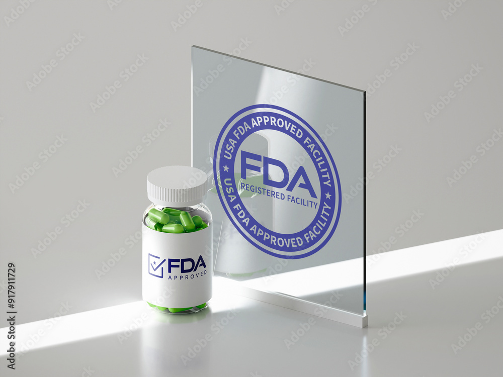 TRANSPARENT PILL BOTTLE AND GLASS STAND STICKER USA FDA Stock Photo ...